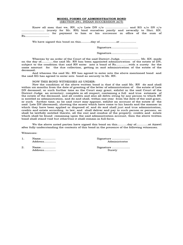 Model Forms of Administration Bond | PDF | Private Law