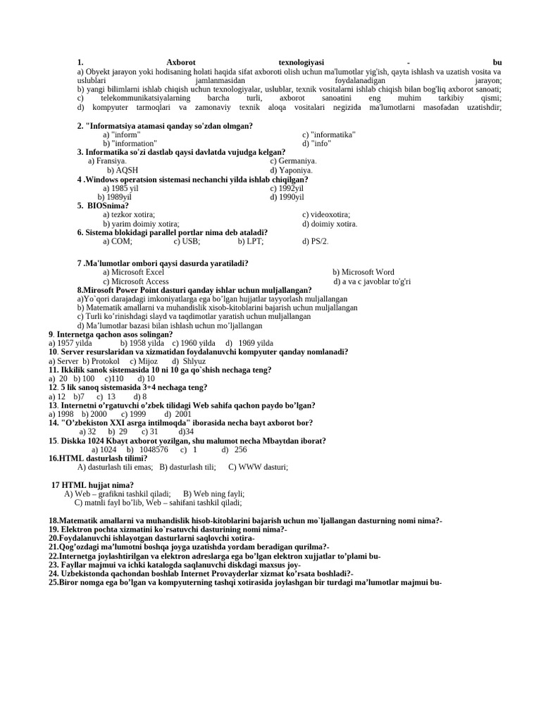 9 sinf informatika test | PDF