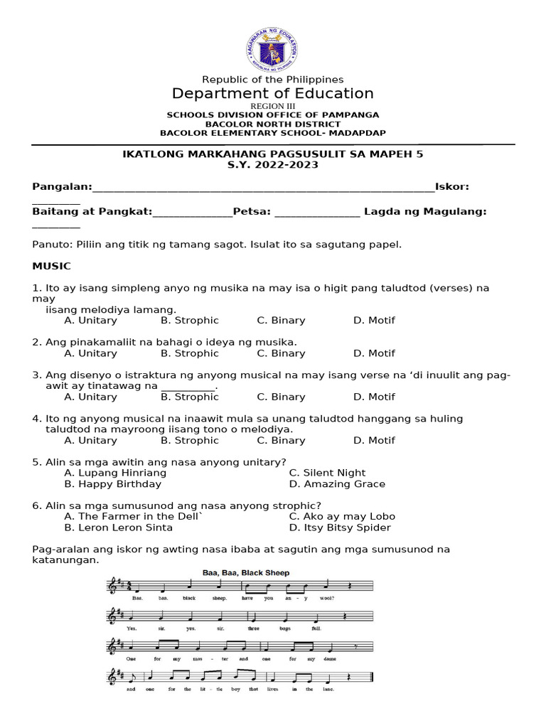 Q3 Mapeh 5 S.y.2023 2024 | PDF