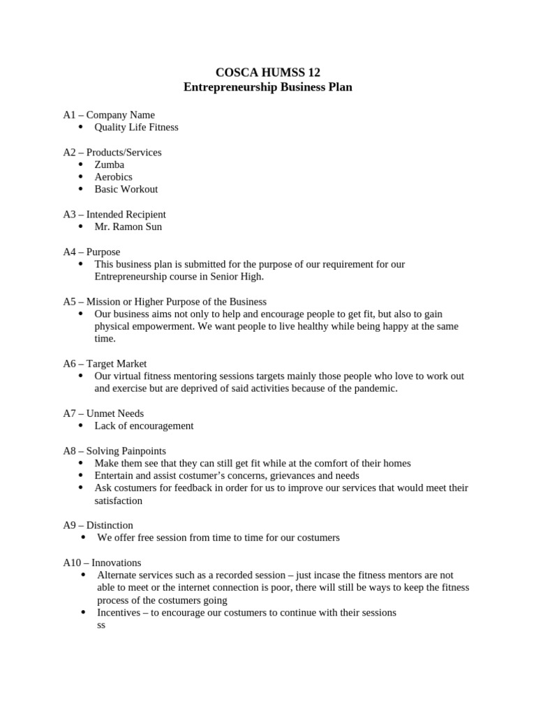 COSCA HUMSS 12 Entrepreneurship Business Plan | PDF