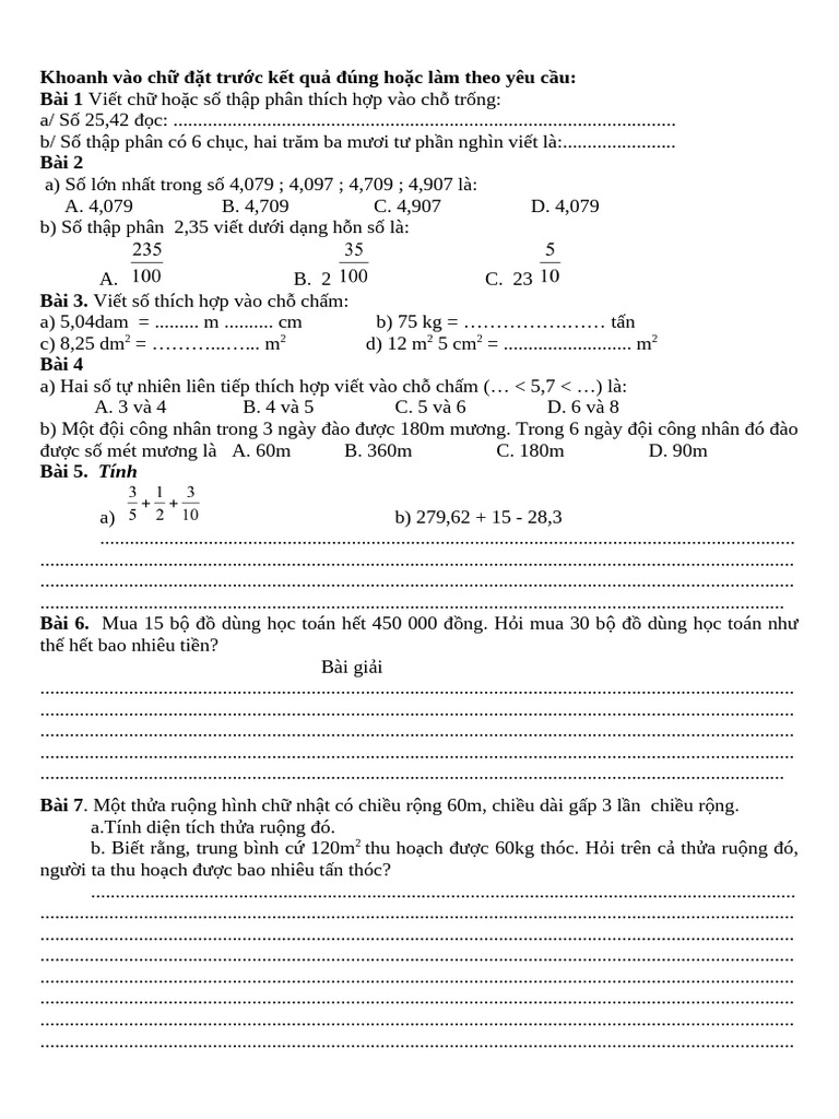 De Thi GK1 Mon Toan 5 Nam 2022 de 2 | PDF