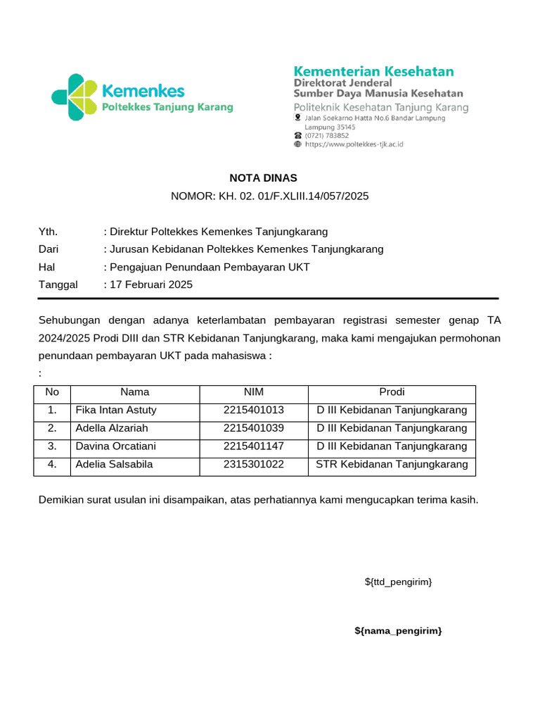 Nota Dinas Pengajuan Tunda Bayar Genap 2425 tahap 2 | PDF