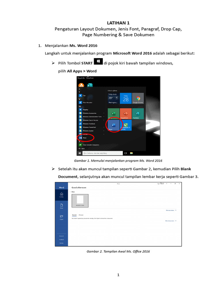 Ms. Office Word 2016 (Latihan 1) - Layout, Jenis Font, Paragraf, Drop Cap, Page Numbering, Save ...