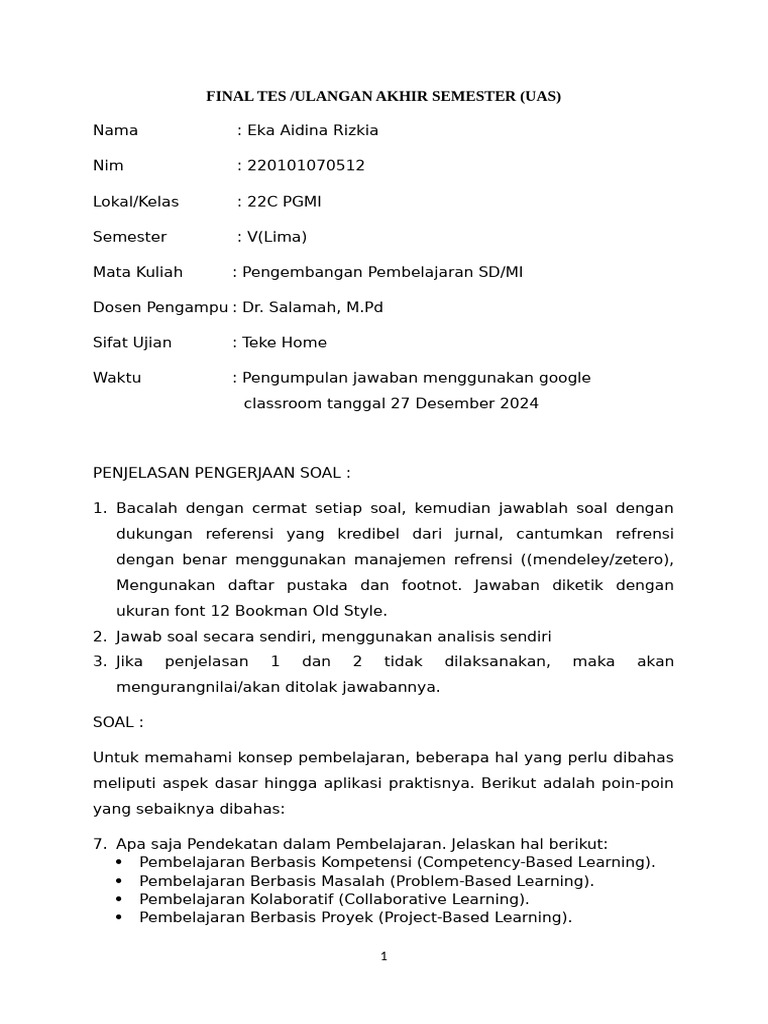 Eka Aidina Rizkia 220101070512 (UAS) Pengembangan Pembelajaran SD Atau MI | PDF