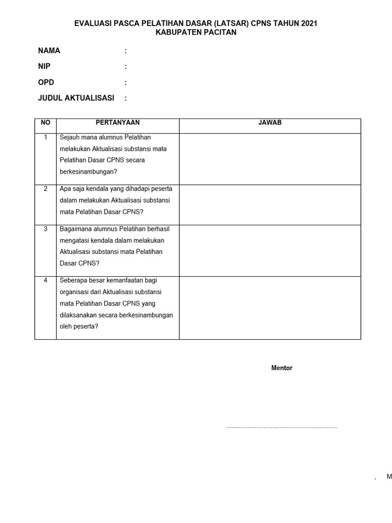 Form Evaluasi Pasca Pelatihan 2021 | PDF