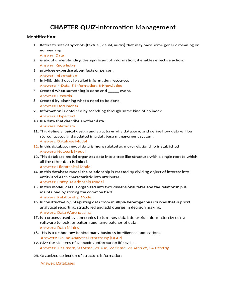 CHAPTER 1 QUIZ | PDF | Databases | Data