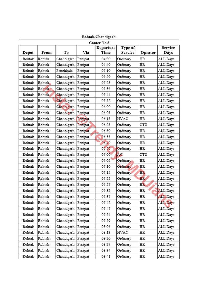 Rohtak Depot Haryana Roadways Bus Time Table | PDF