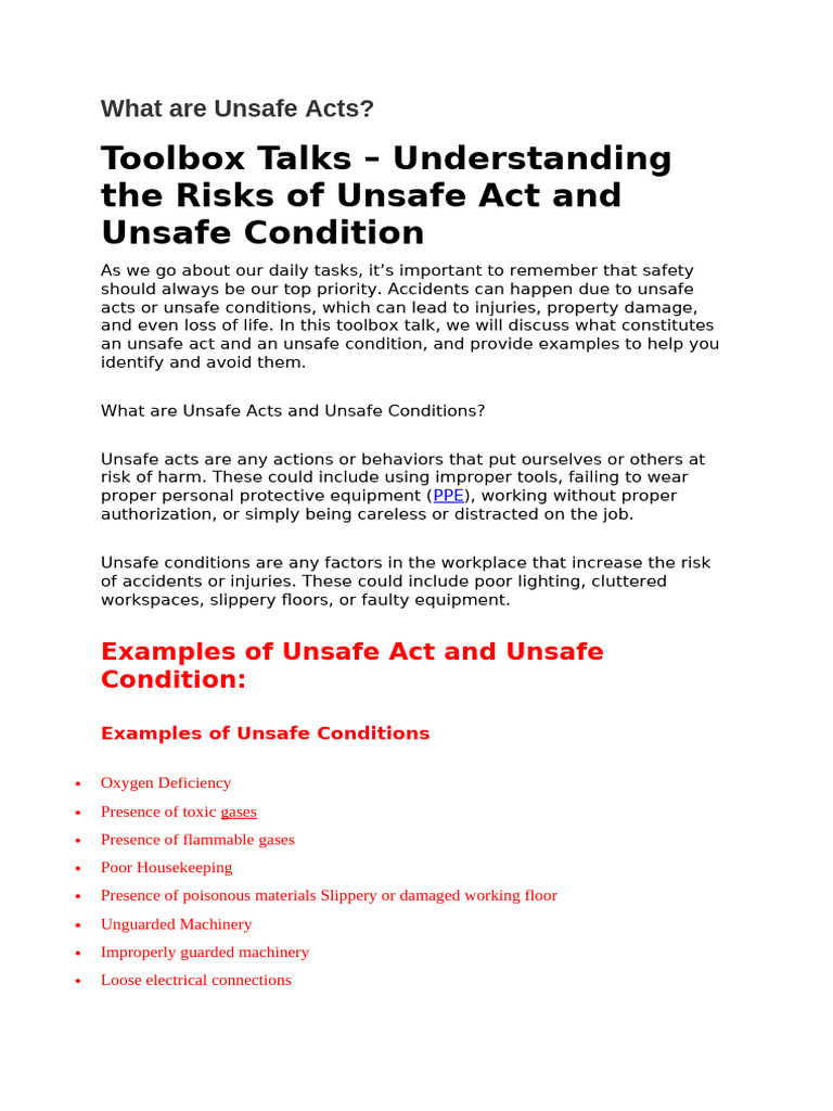 Unsafe Acts and Unsafe Conditions | PDF | Occupational Safety And ...