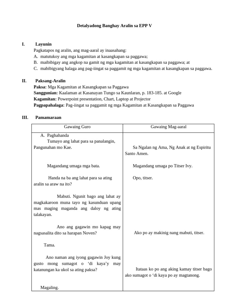 Detalyadong Banghay Aralin Sa EPP V | PDF