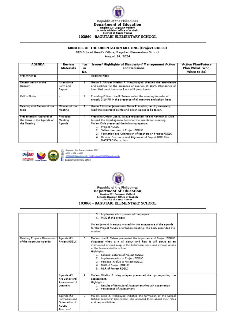 RDELC-Minutes of The Orientation Meeting | PDF | Cognition | Learning