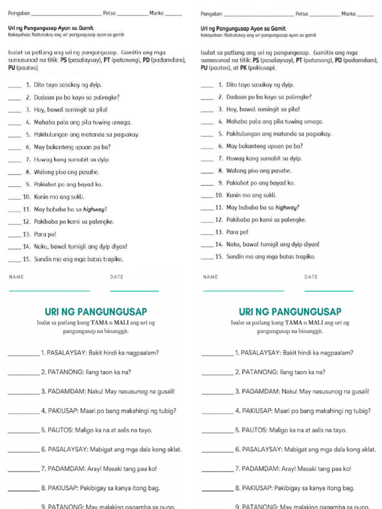 Uri NG Pangungusap Worksheet | PDF
