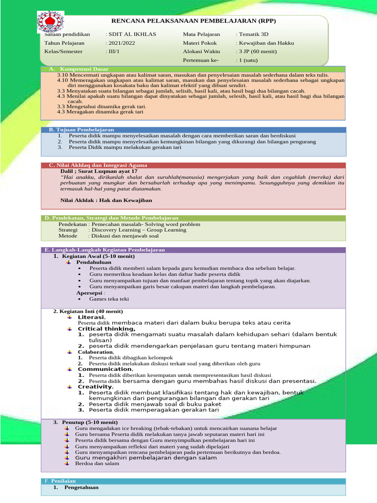 RPP Lianita Tem.3d Sub.2 Pem.1 | PDF