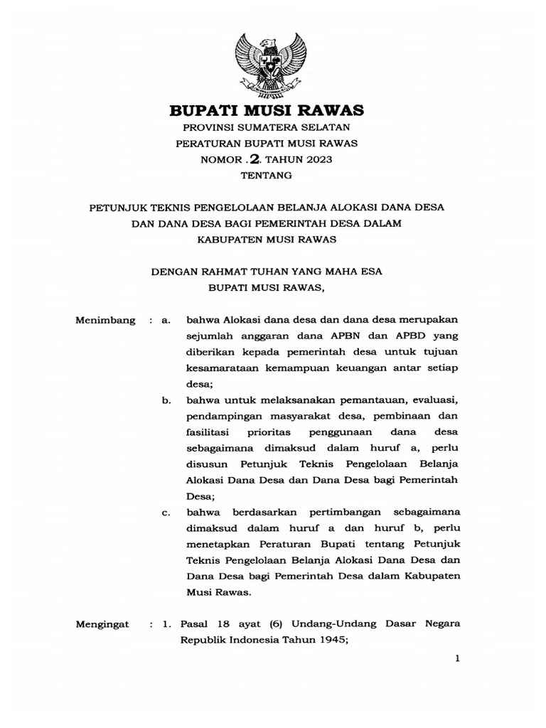 Perbup Musi Rawas Nomor 2 Tahun 2023 | PDF