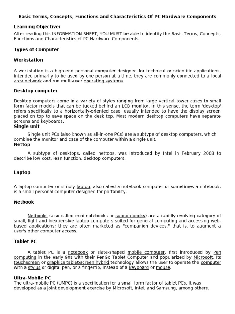 Basic Terms Concepts Functions and Characteristics of PC Hardware ...