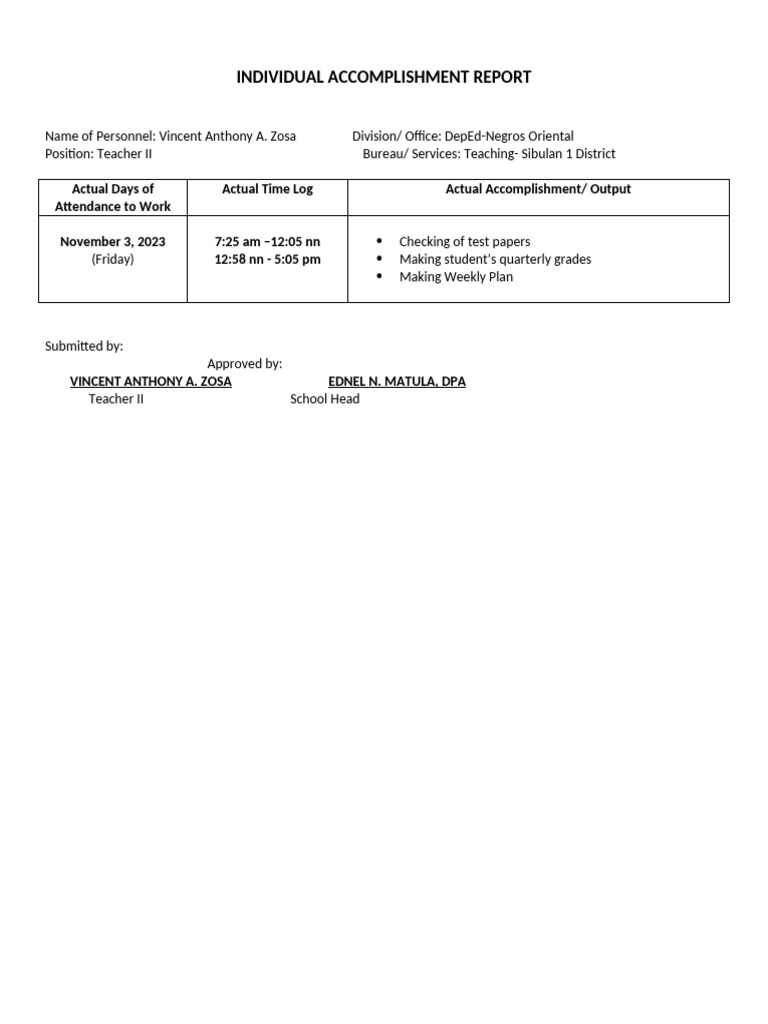 Accomplishment Report Nov3 | PDF