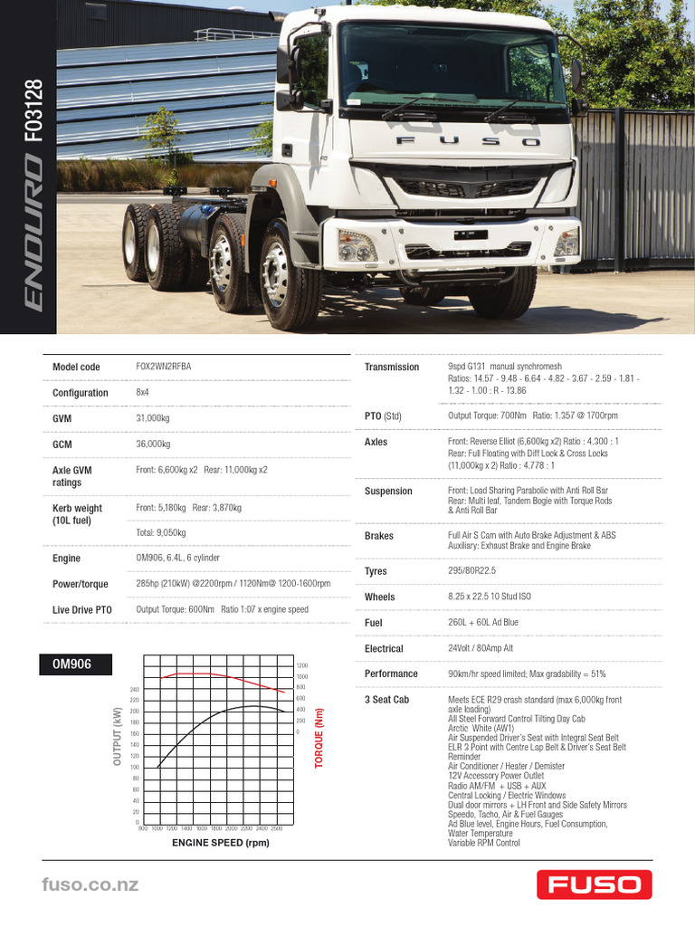 FUSO22 Spec Sheets ENDURO FO3128 8x4 2.0 LR | PDF | Axle | Car