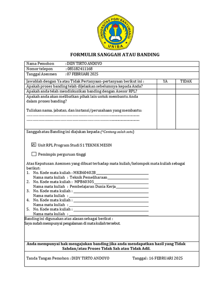 Form Sanggah Rpl_didy Tirto Andoyo | PDF