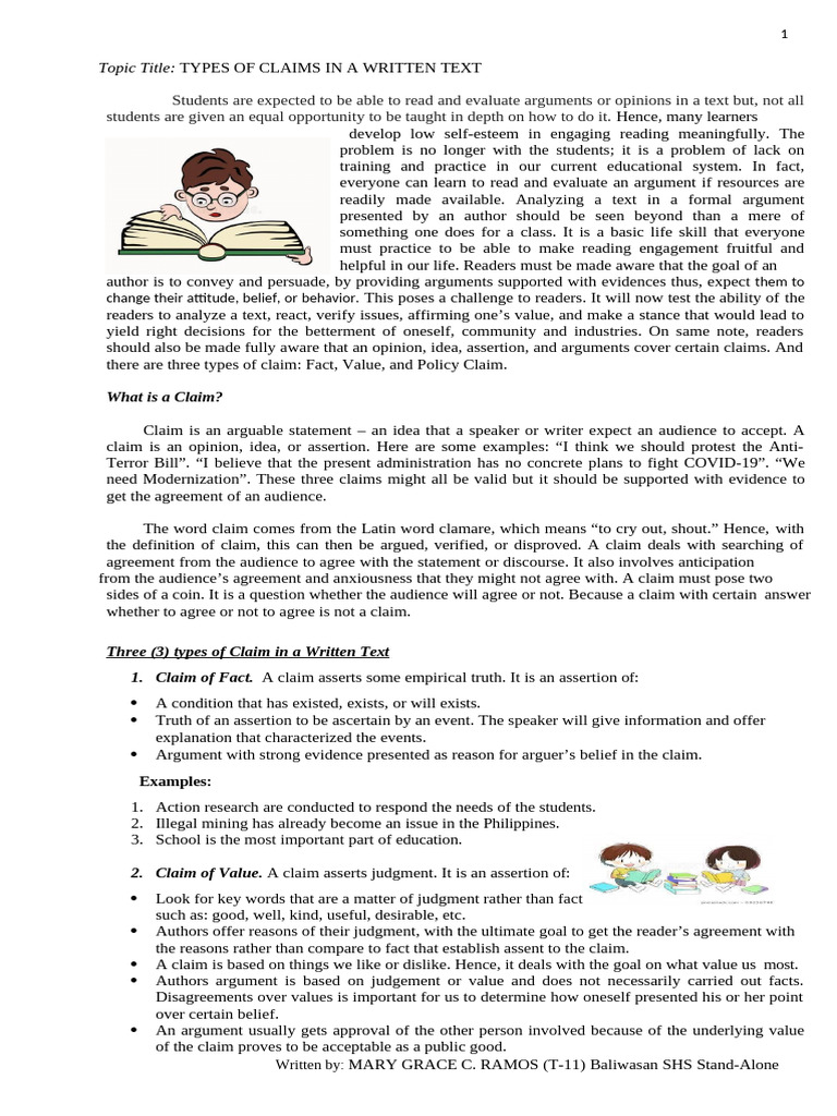 RW Types of Claims in A Written Text | PDF | Truth | Evidence
