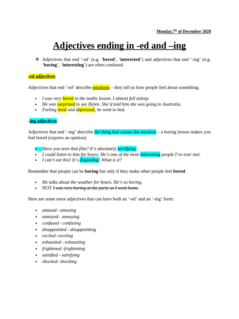 Adjectives Ending in Ed - Ing | PDF