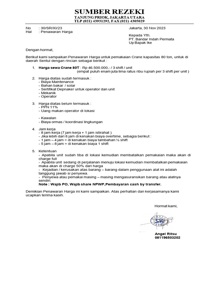 Penawaran Sewa Crane 80T | PDF