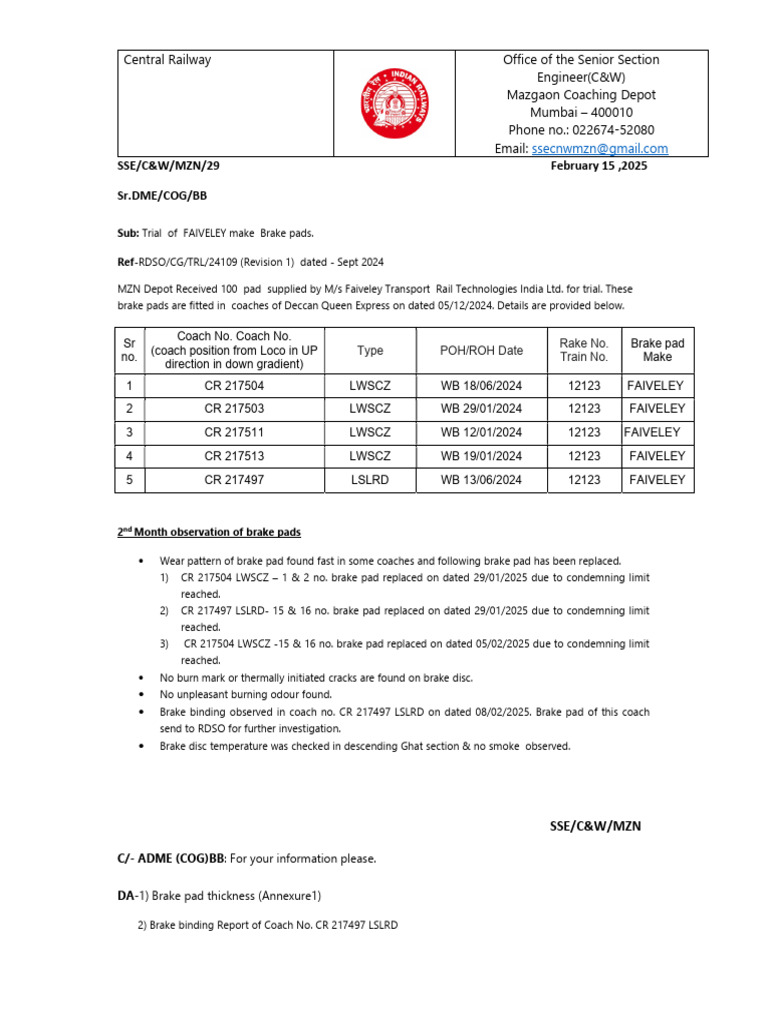 Faiveley 2nd Month Brake Pad Report | PDF | Brake | Vehicle Parts
