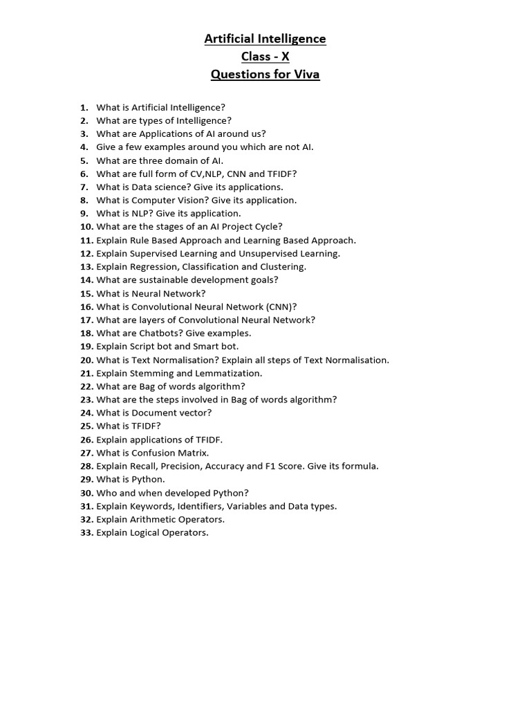 AI Viva Questions for Class X | PDF