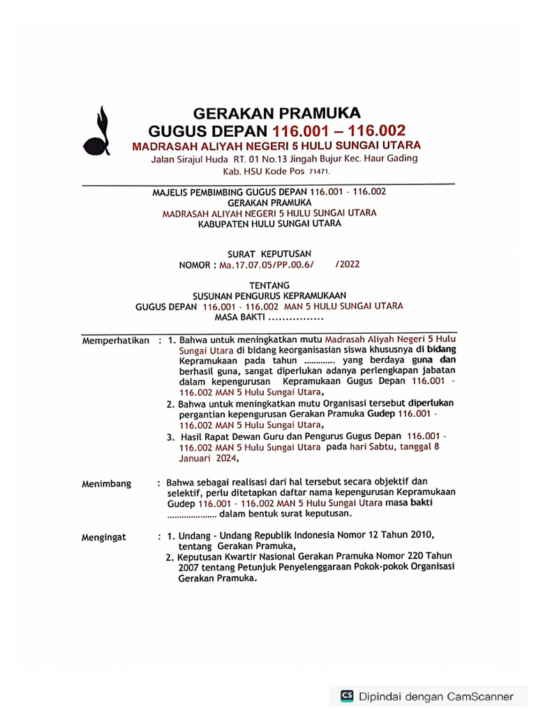 Contoh SK. Pengurus GUDEP | PDF