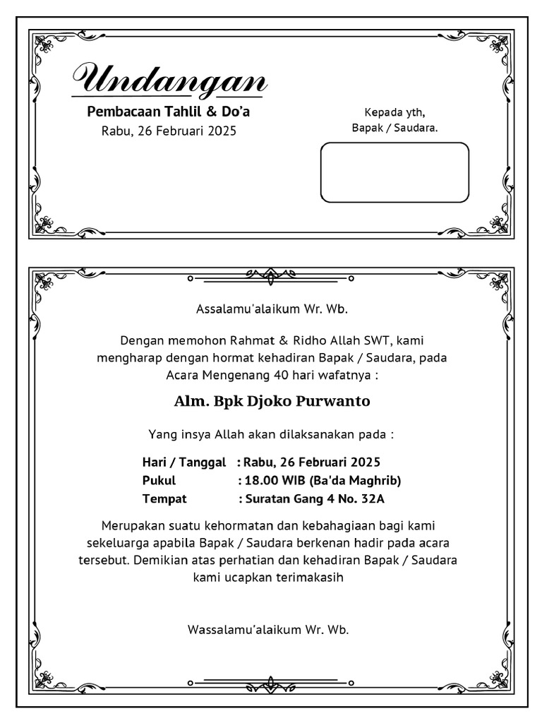 Putih Hitam Minimalis Klasik Undangan Yasin Dan Tahlil | PDF