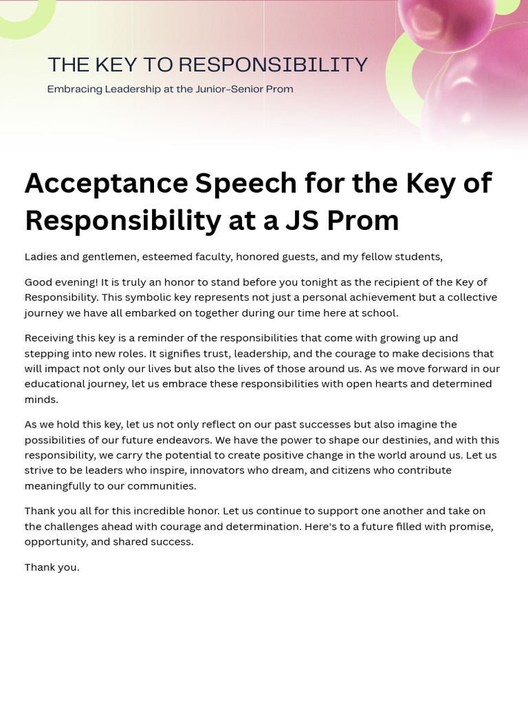 Acceptance Speech For The Key of Responsibility at A JS Prom | PDF