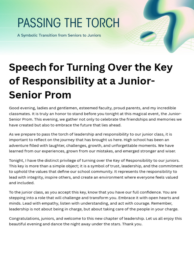 Speech for Turning Over of the Key of Responsibility and Acceptance at ...