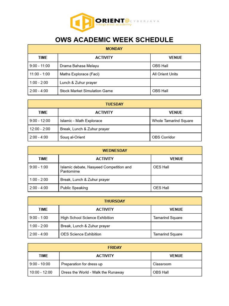 Ows Academic Week Schedule | PDF
