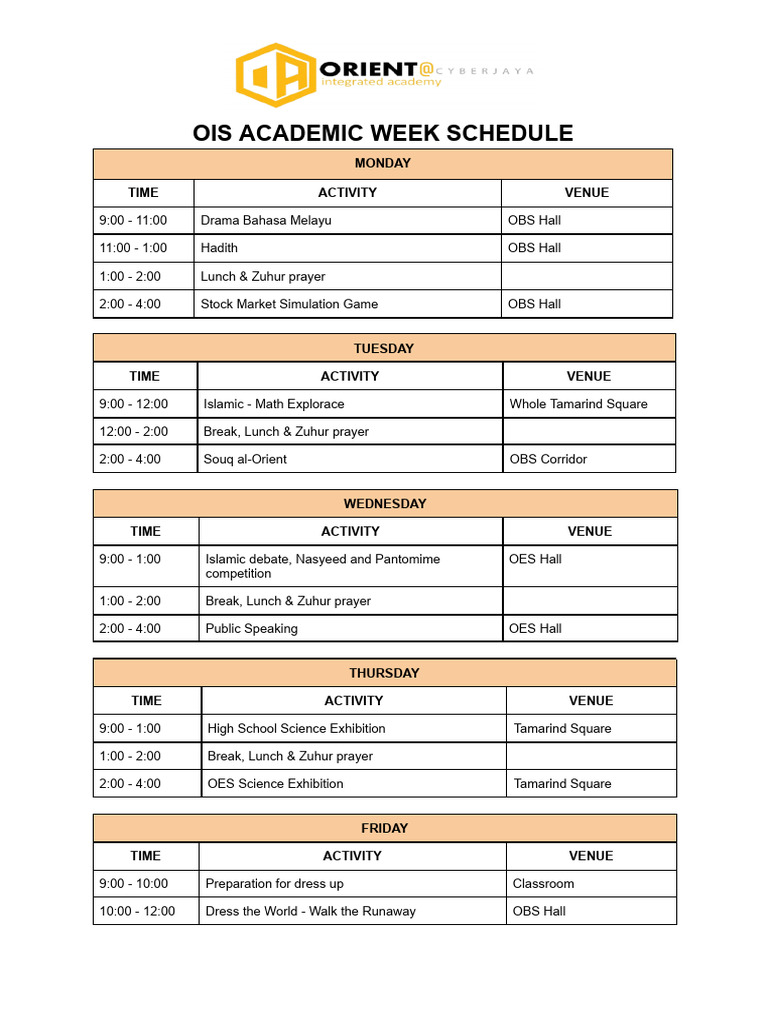Ois Academic Week Schedule | PDF