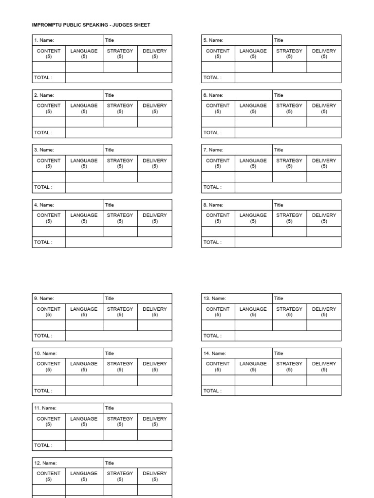 Impromptu Public Speaking - Judges Sheet | PDF