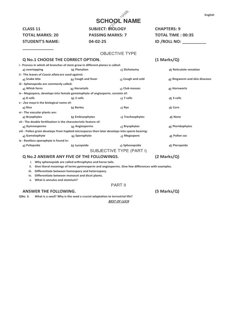 Class 11 Biology Exam Overview | PDF | Botany | Reproduction