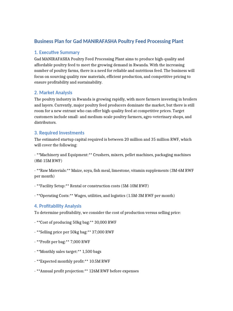 Poultry Feed Processing Plant Business Plan | PDF