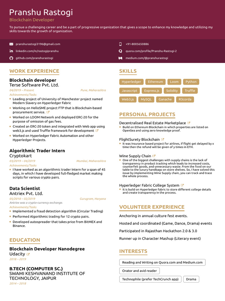 Blockchain Developer Resume | PDF | Cryptocurrency | Information Technology