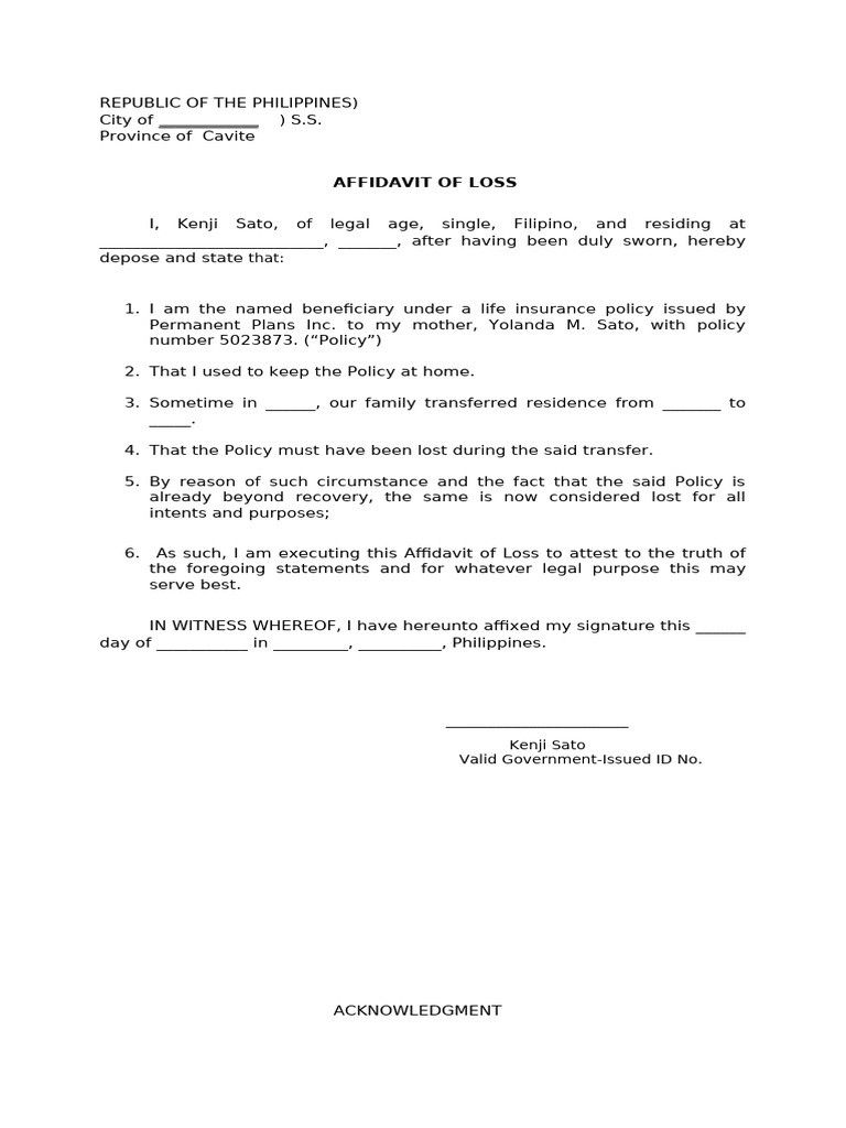 Affidavit of Loss for Insurance Policy | PDF