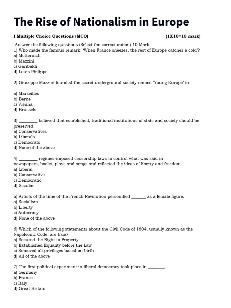 The Rise of Nationalism in Europe - Revision Worksheet | PDF ...