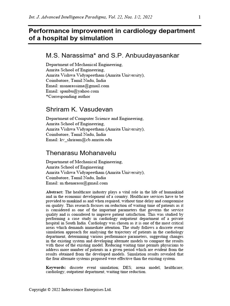 Performance improvement in Cardiology department of a hospital by ...