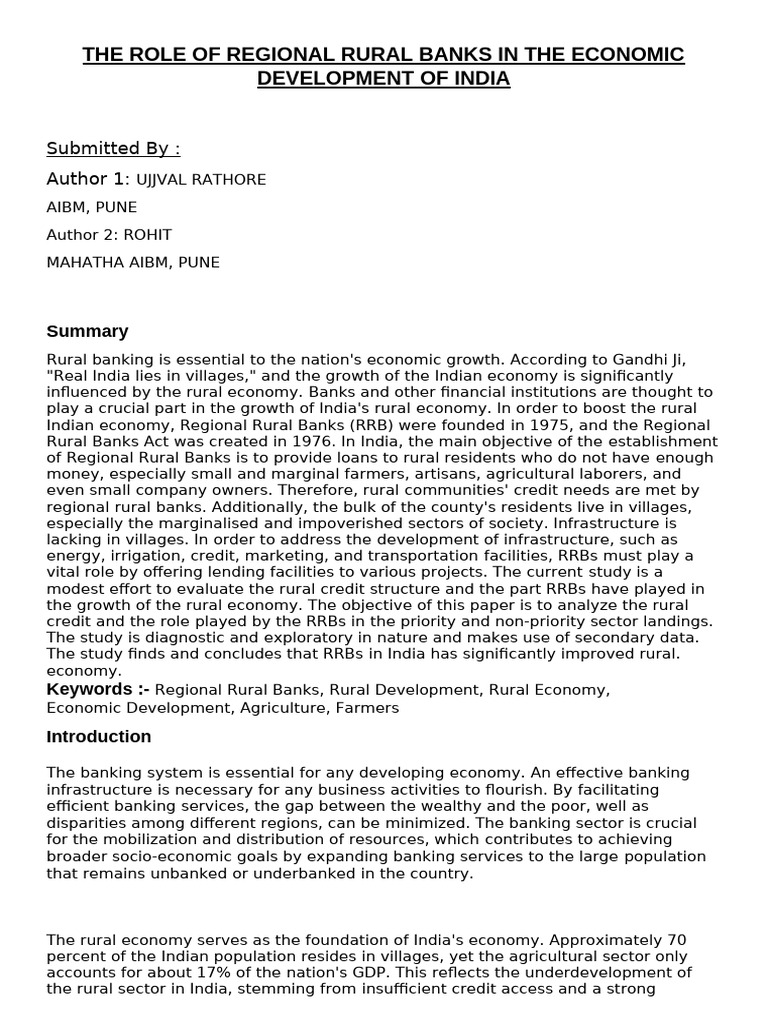The Role of Regional Rural Banks in The Economic Development of India ...