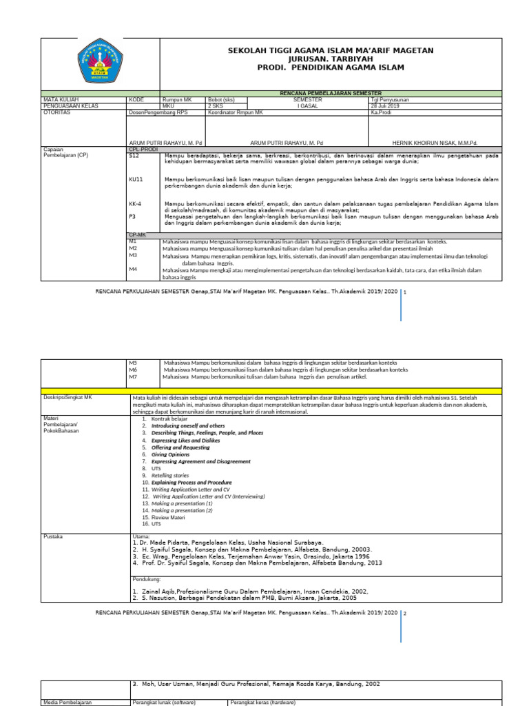 RPS Bhs Inggris 1 - Arum Putri | PDF