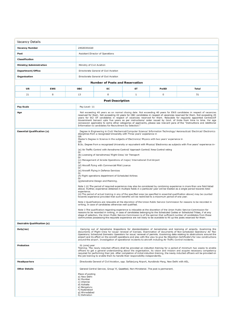 DGCA AD Ops Vacancy Circular | PDF