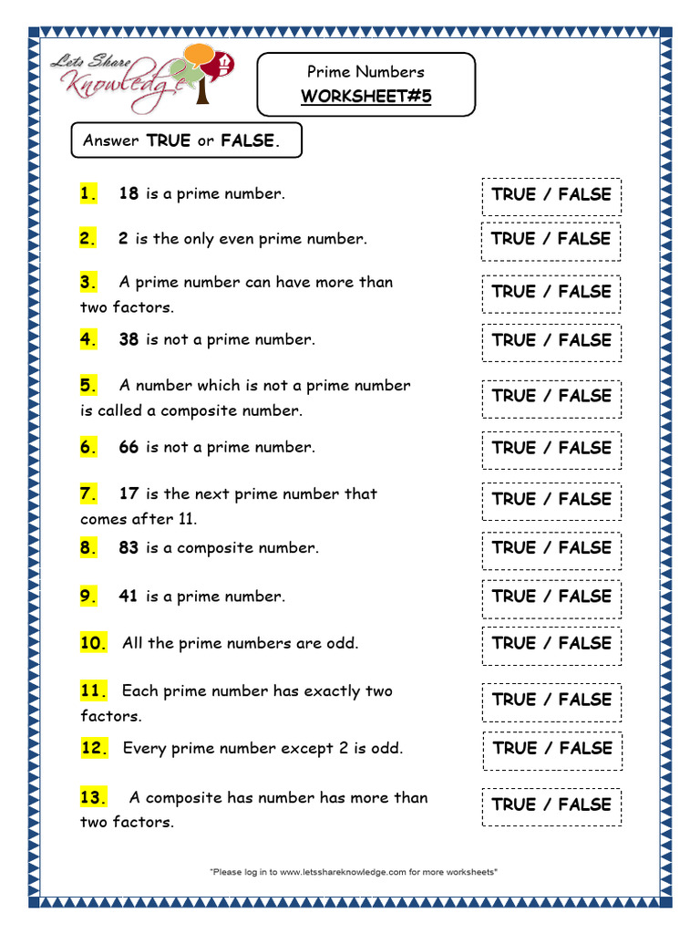 Prime Numbers Grade 4 Maths Resources Printable Worksheets w5 | PDF