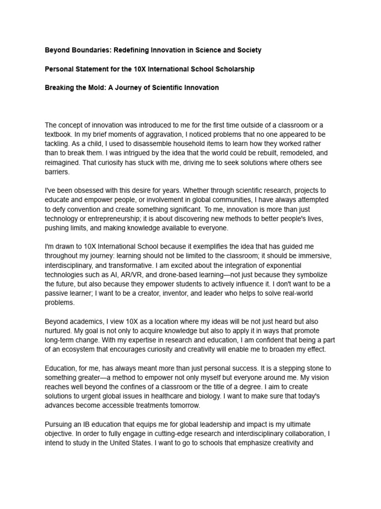 Personal Statement For The 10X International School Scholarship | PDF ...