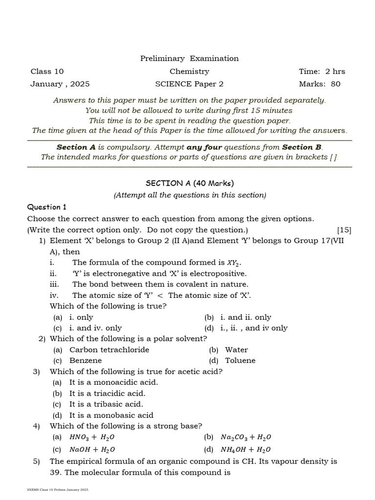 Class 10 Chemistry Prelims 2025 | PDF | Atomic | Chemical Substances