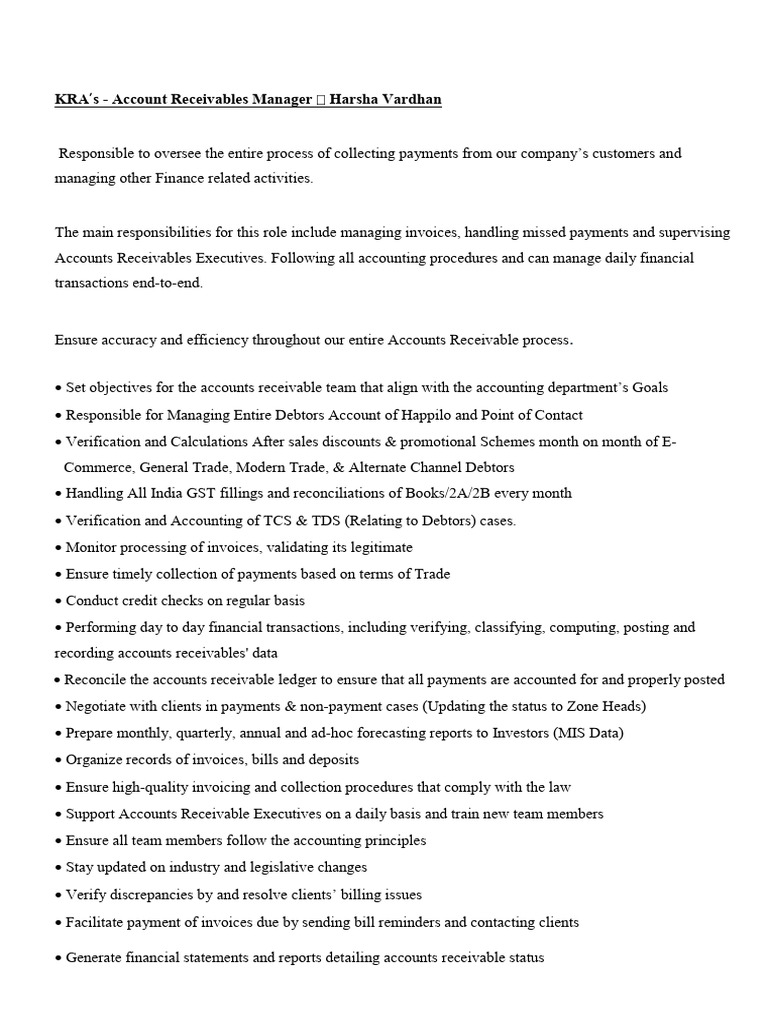 KRA S - Account Receivables Manager Harsha Vardhan | PDF