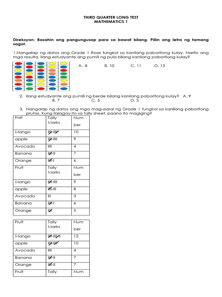 PT Q3 Grade 1 Matatag Math 1 Tos | PDF | Subtraction