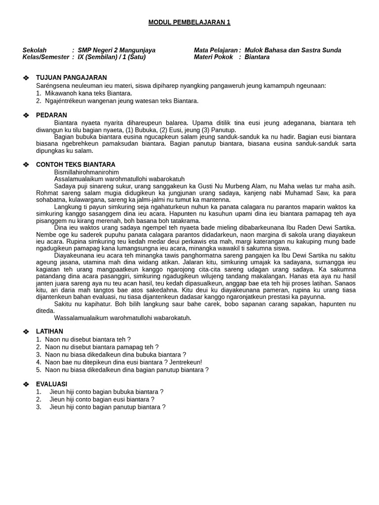 MODUL - Basa Sunda Kelas 9 - Biantara - PRINT | PDF