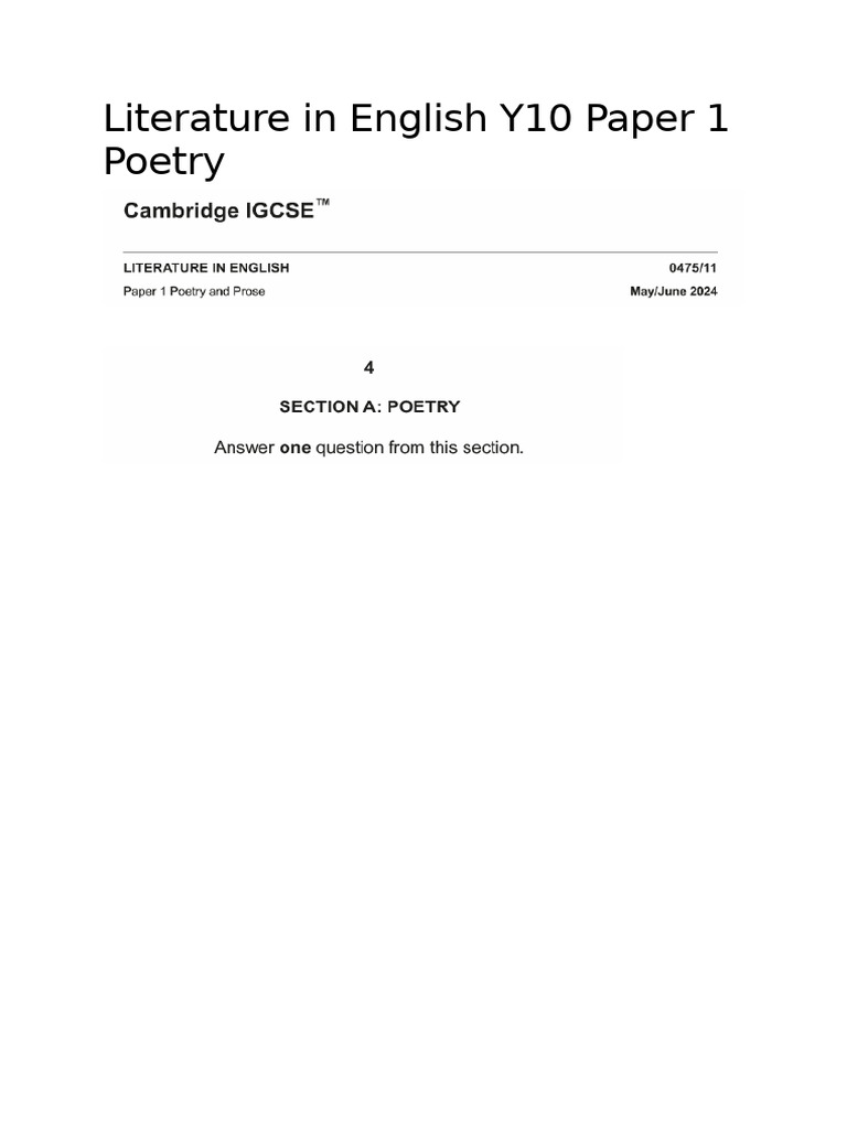 _Literature in English Y10 Paper 1 Poetry | PDF