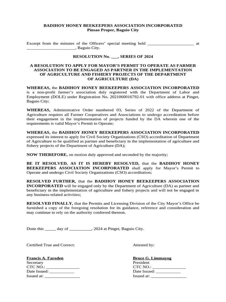 Resolution To Apply For Mayors Permit To Operate | PDF